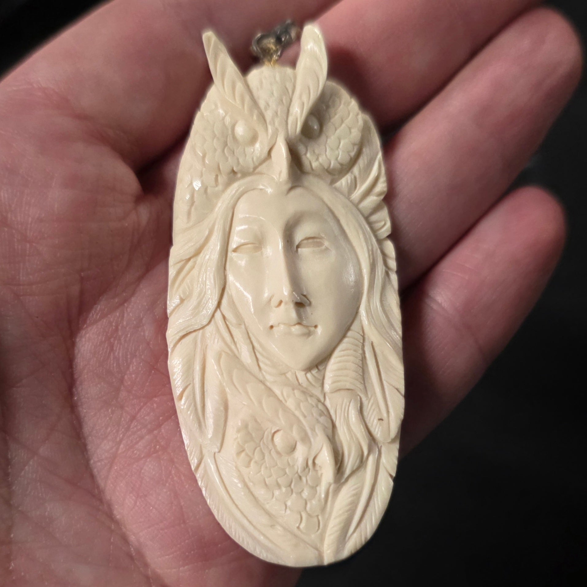 Woman & Owls, Carved Bone Pendant A | SkullStore Inc.